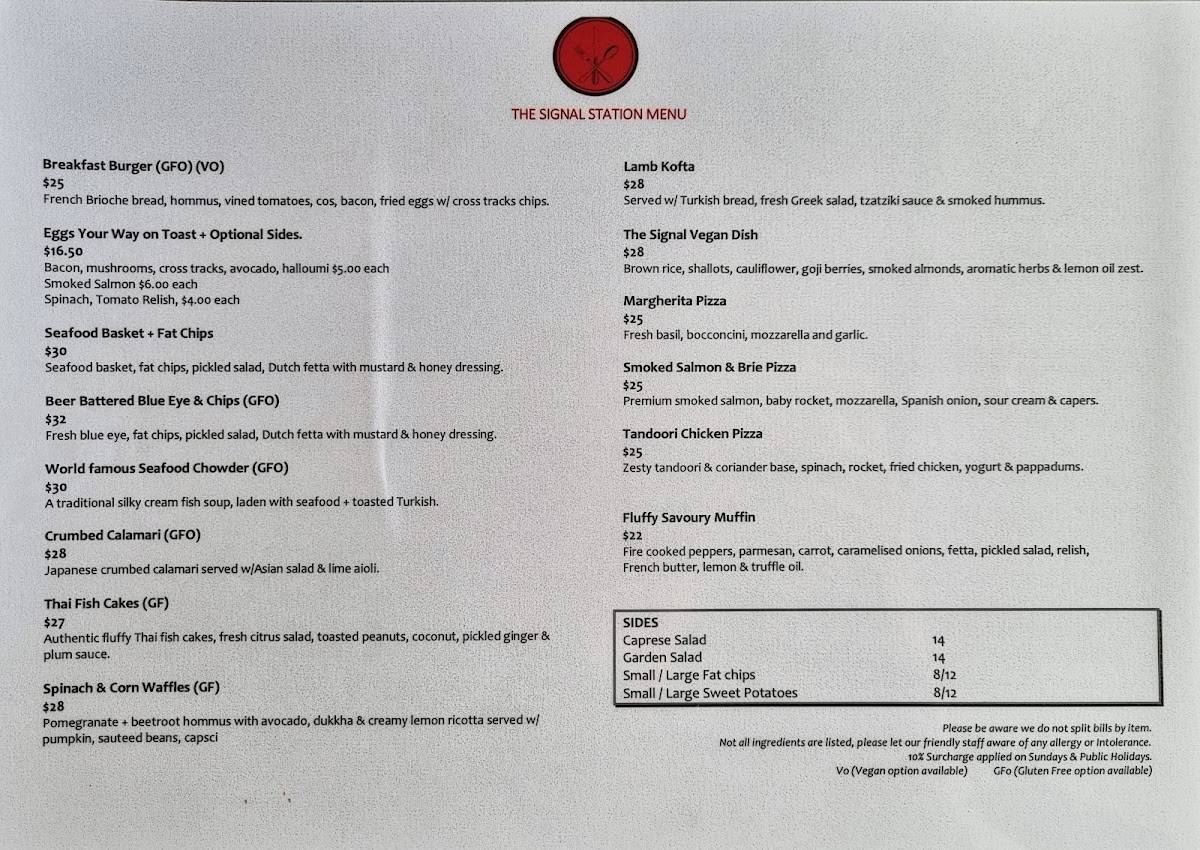 Menu at The Signal Station Restaurant, Mount Nelson