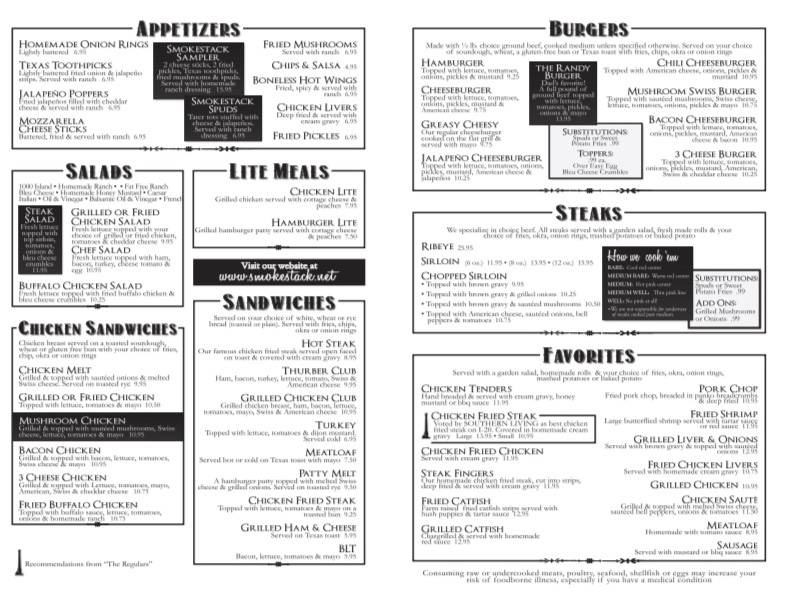 Menu at The SmokeStack Restaurant, Thurber, 239 Private Road 741 Exit 367