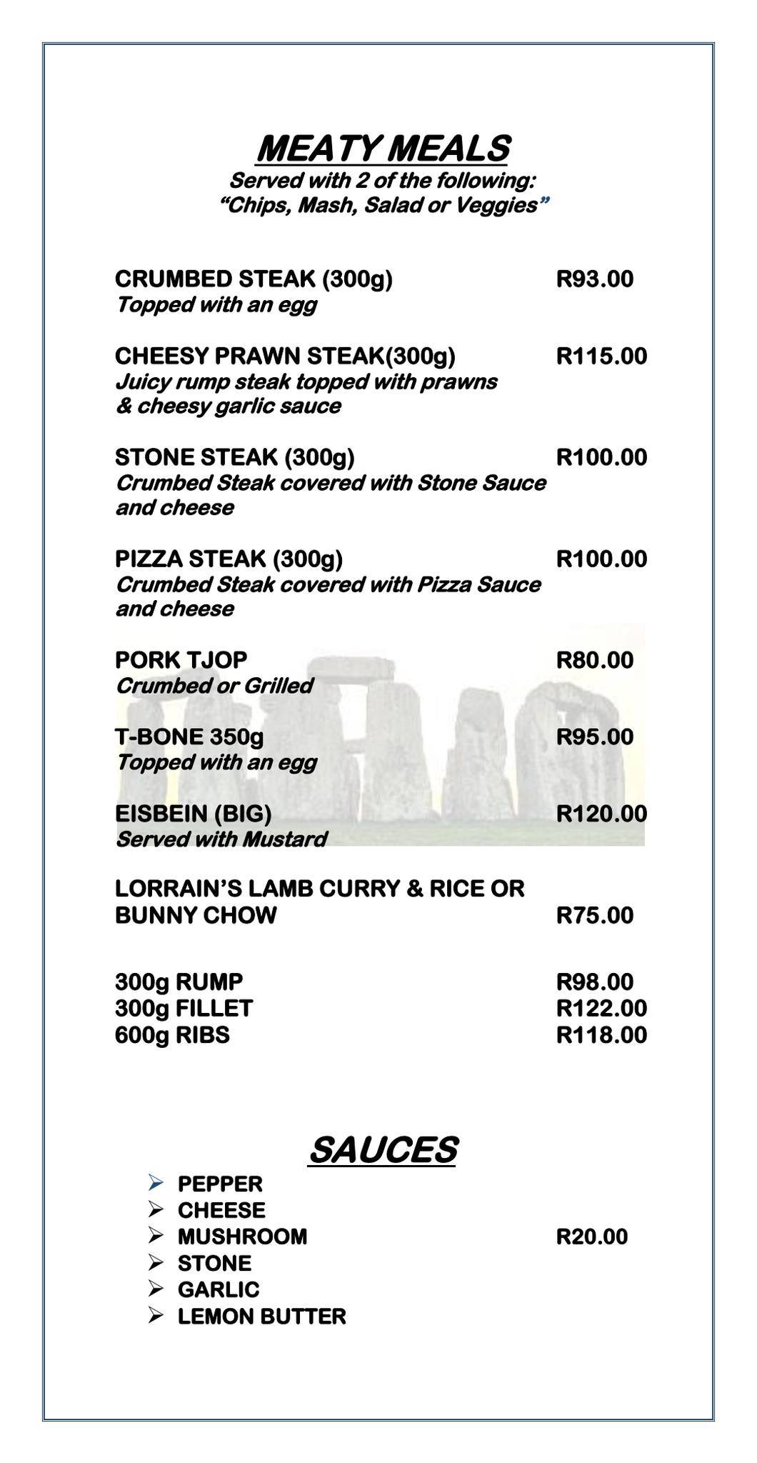 Menu at The Stone Pub And Grill, Scottburgh