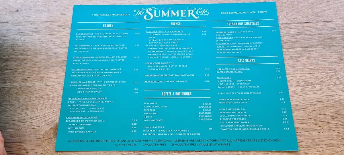 Menu at The Summer Cafe, Malmesbury