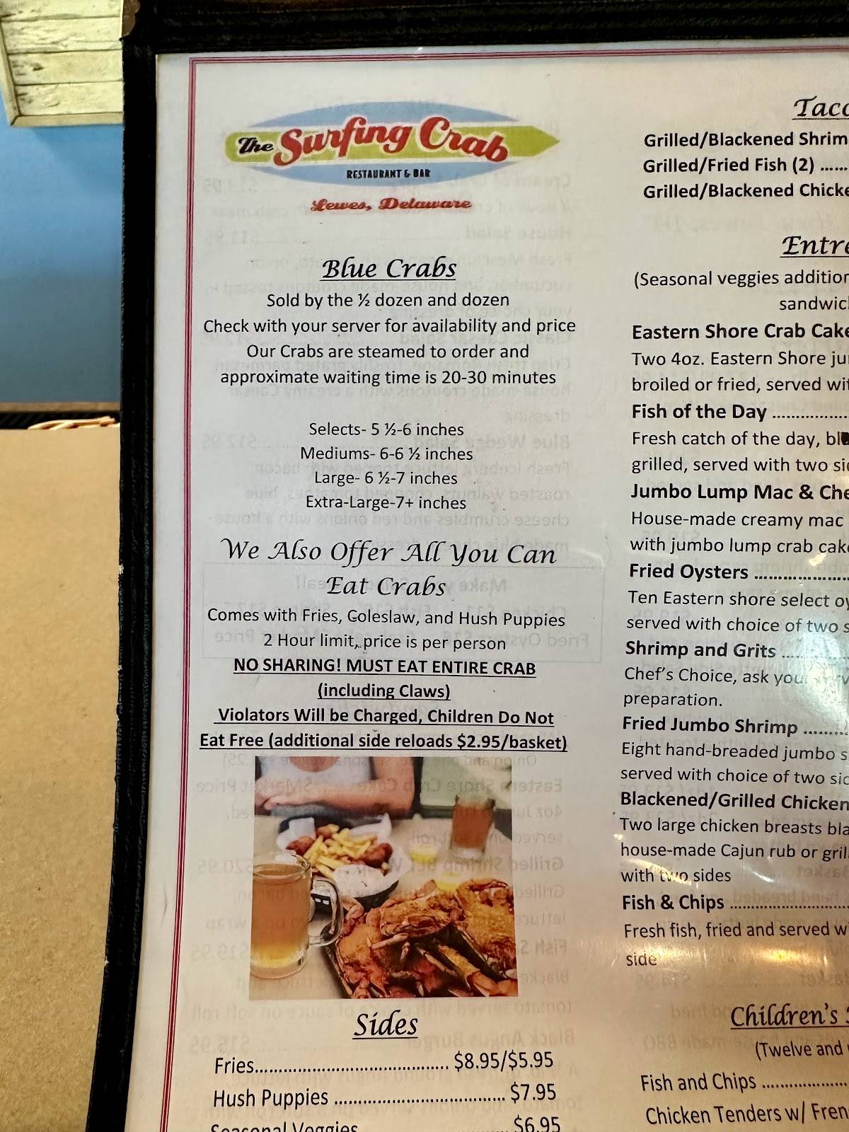 Menu at The Surfing Crab Restaurant and Bar, Lewes, Coastal Hwy