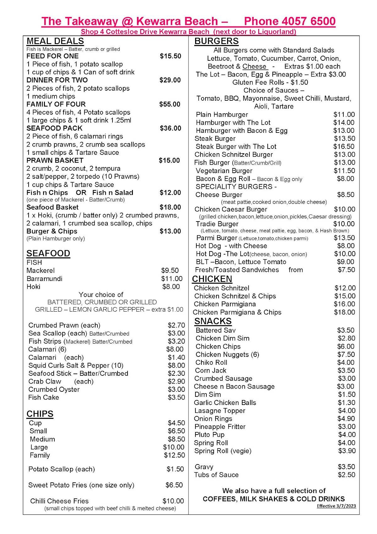 Menu at The Takeaway @ Kewarra Beach fast food, Kewarra Beach