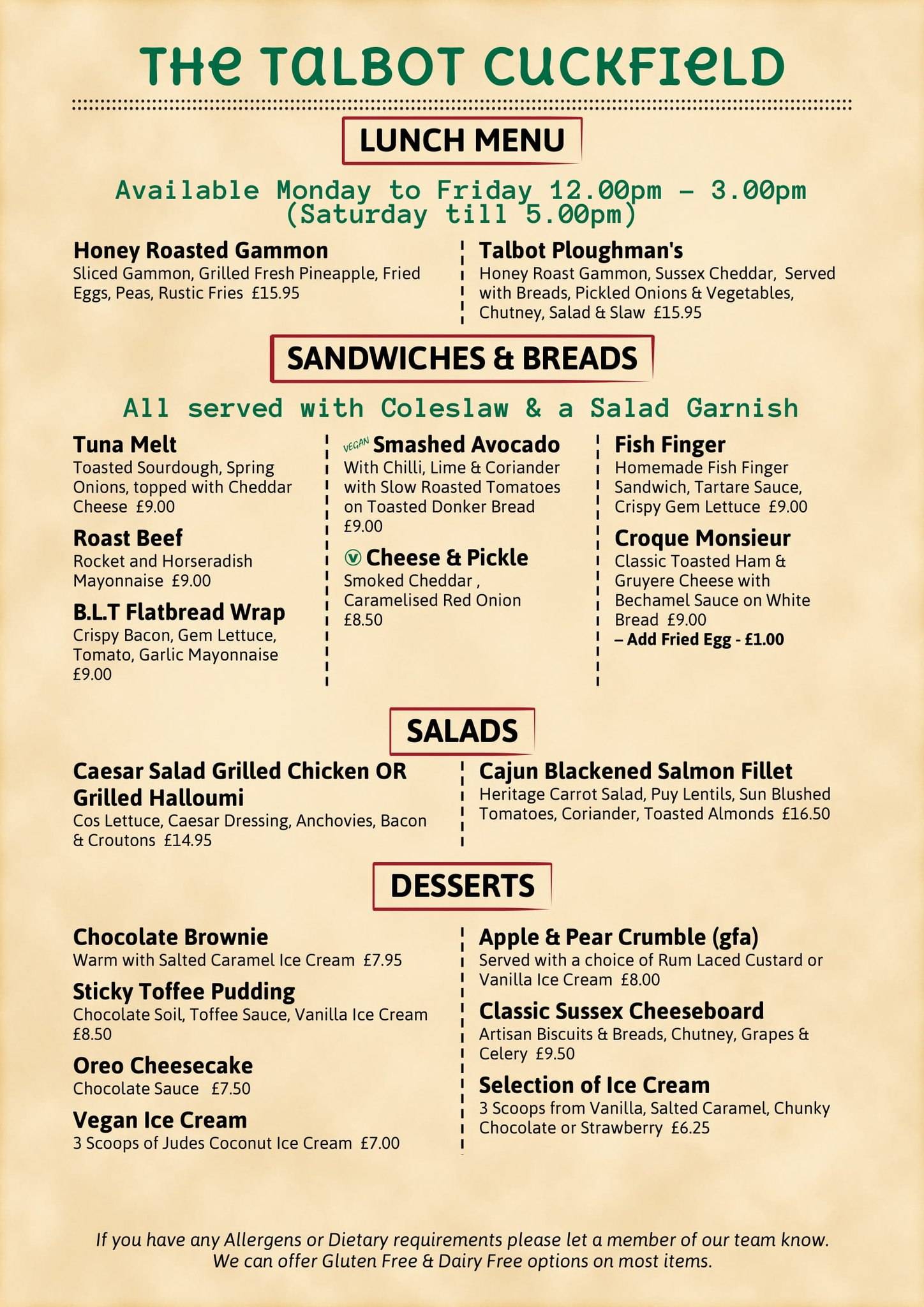Menu at The Talbot pub & bar, Haywards Heath