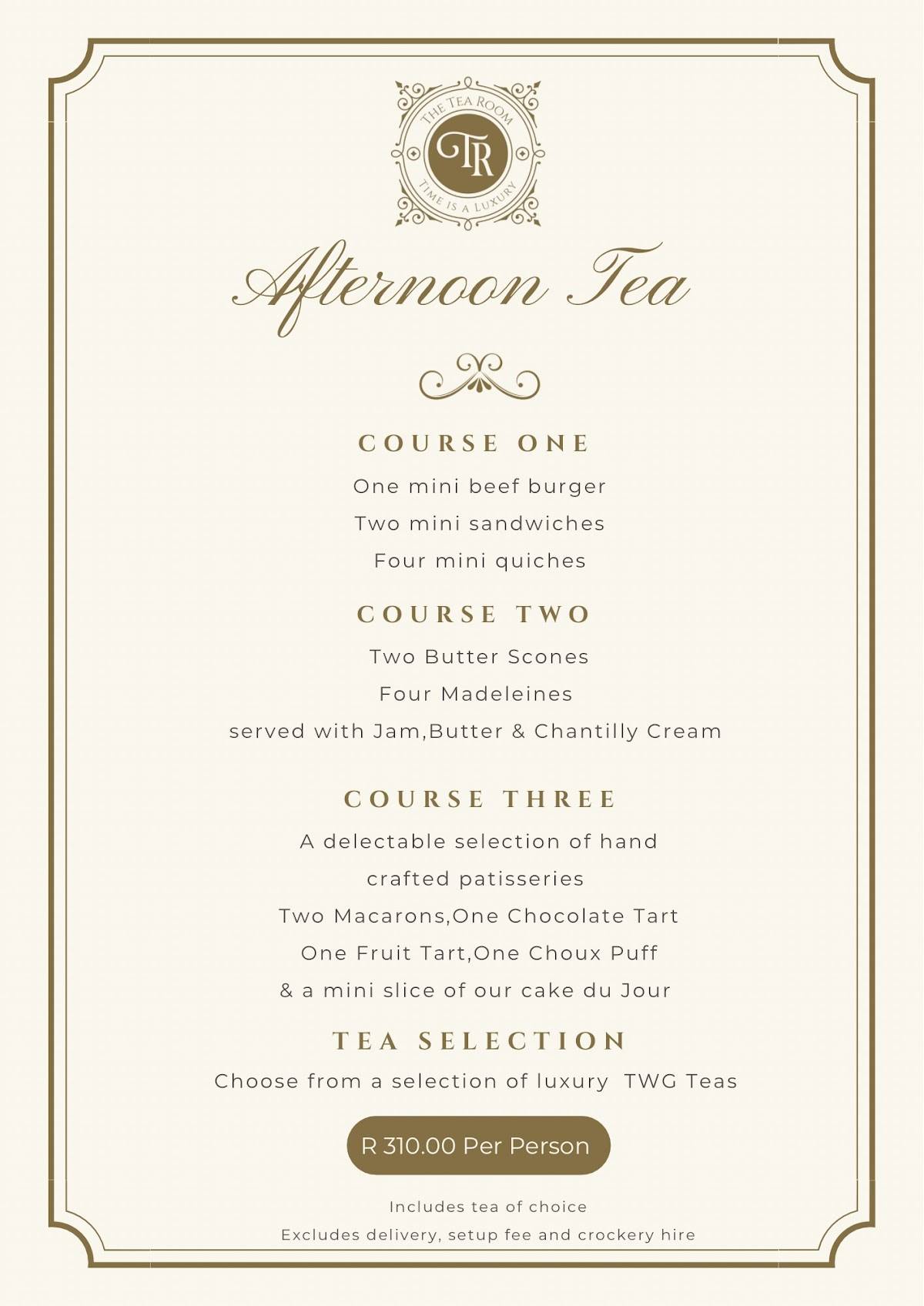 Menu at The Tea Room, Johannesburg