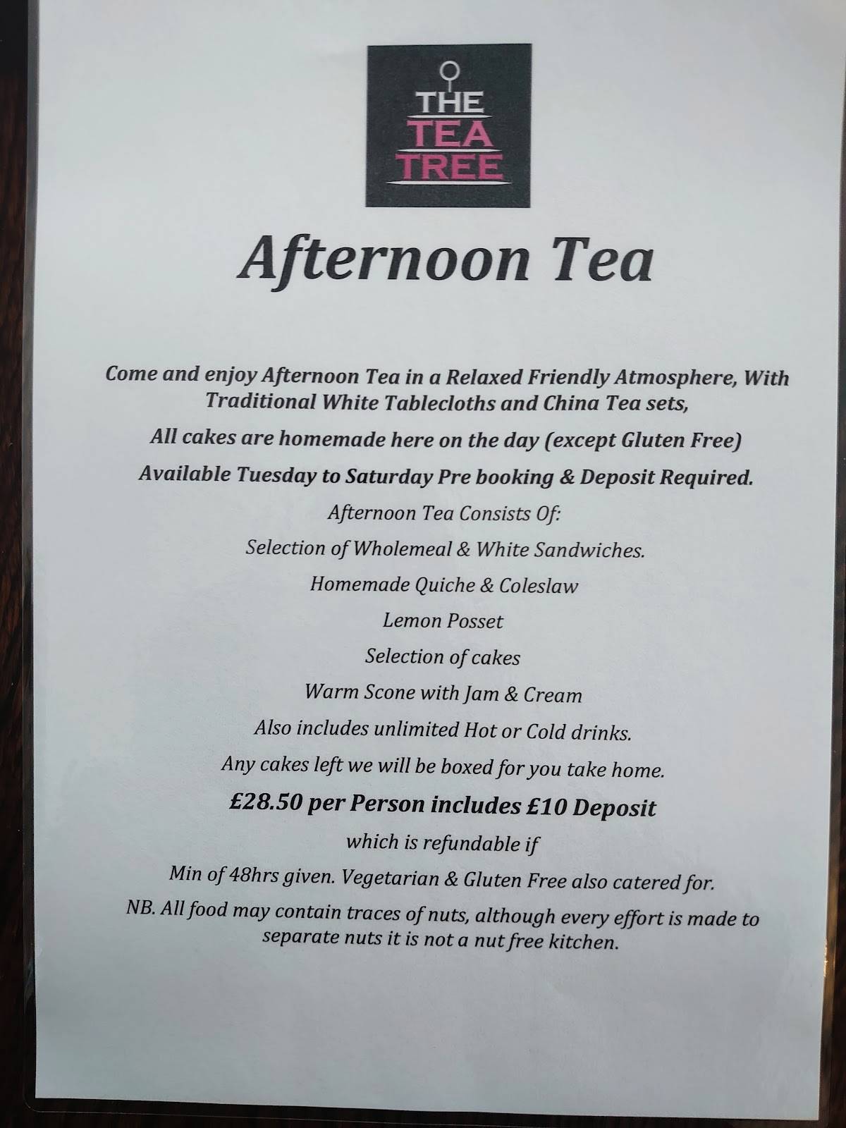 Menu at The Tea Tree cafe, Hemel Hempstead