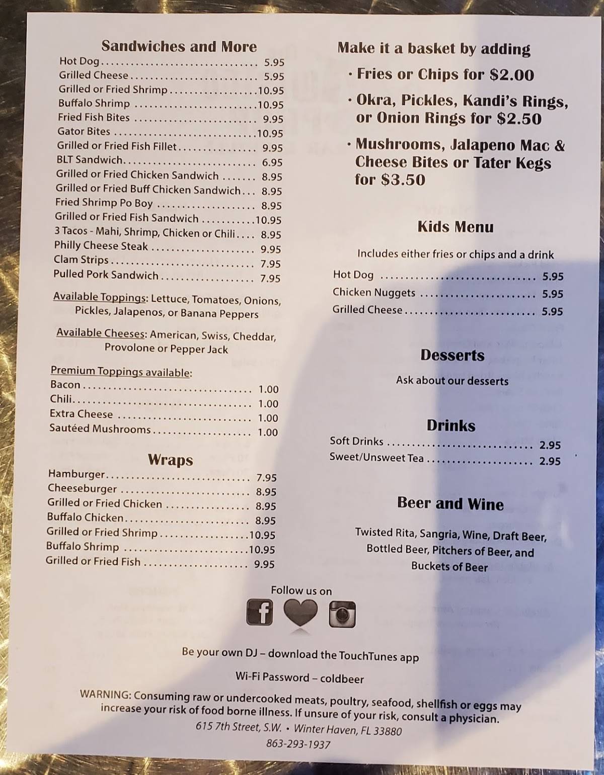 Menu at The Twisted Prop Bar & Grille, Winter Haven