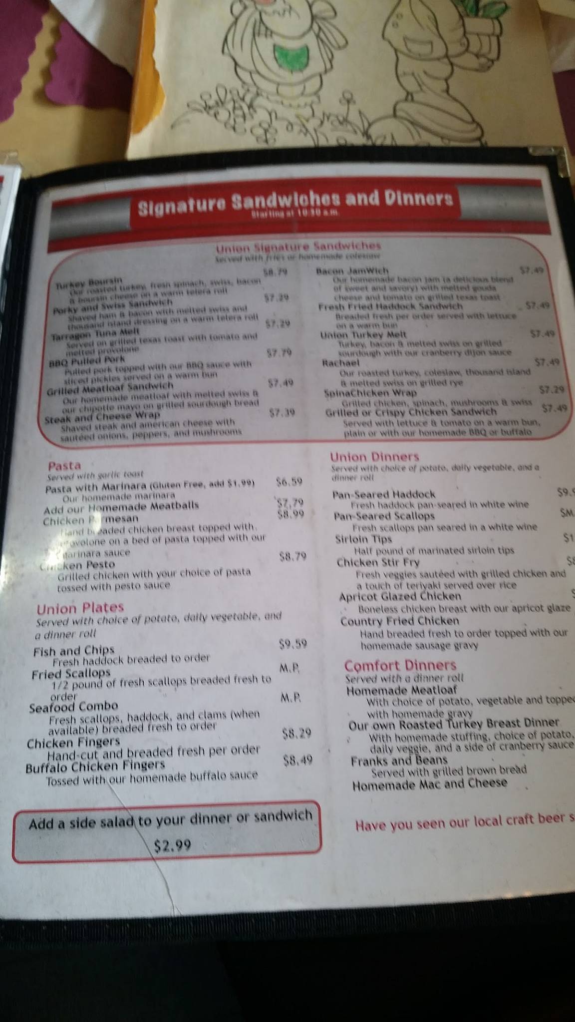 Menu at The Union Diner restaurant, Laconia