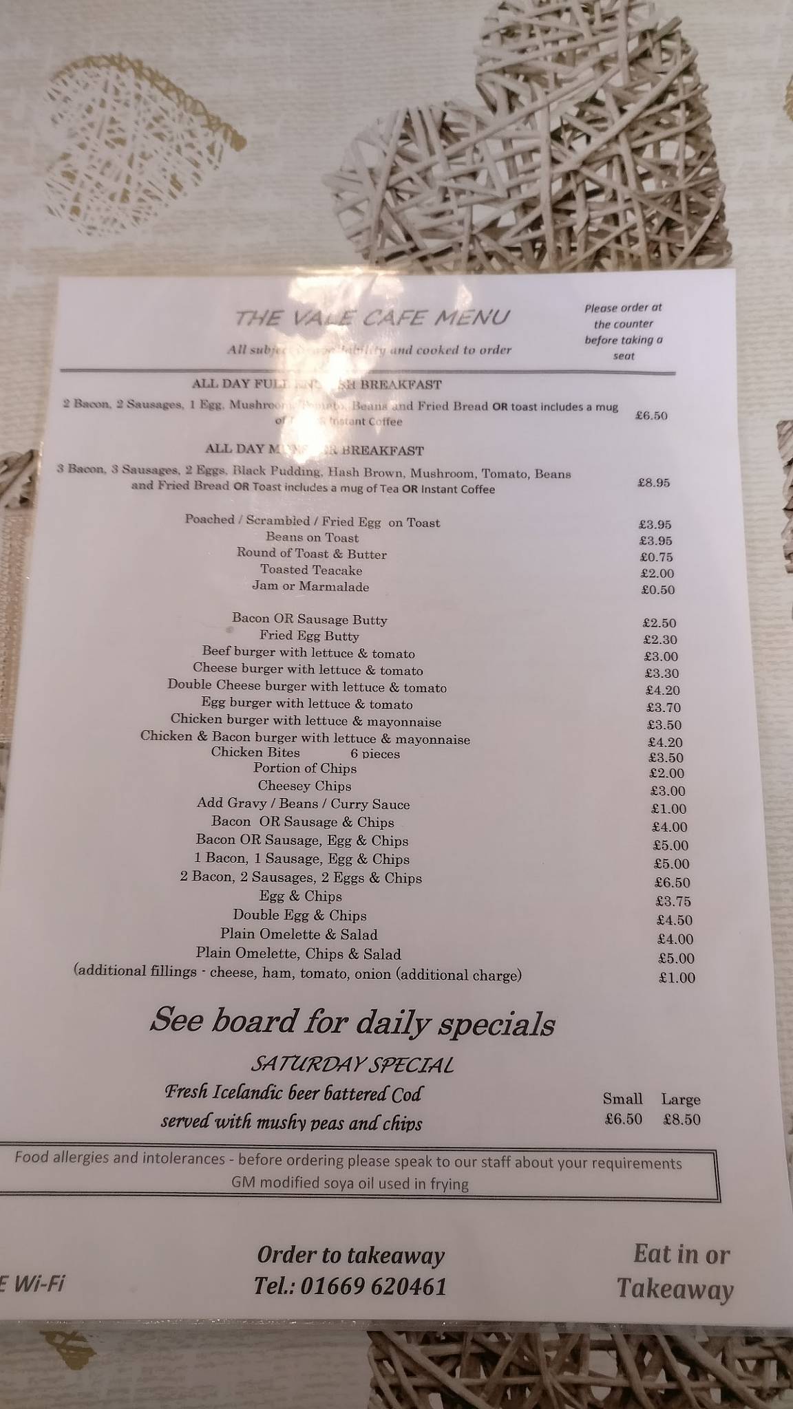Menu at The Vale Cafe, Rothbury