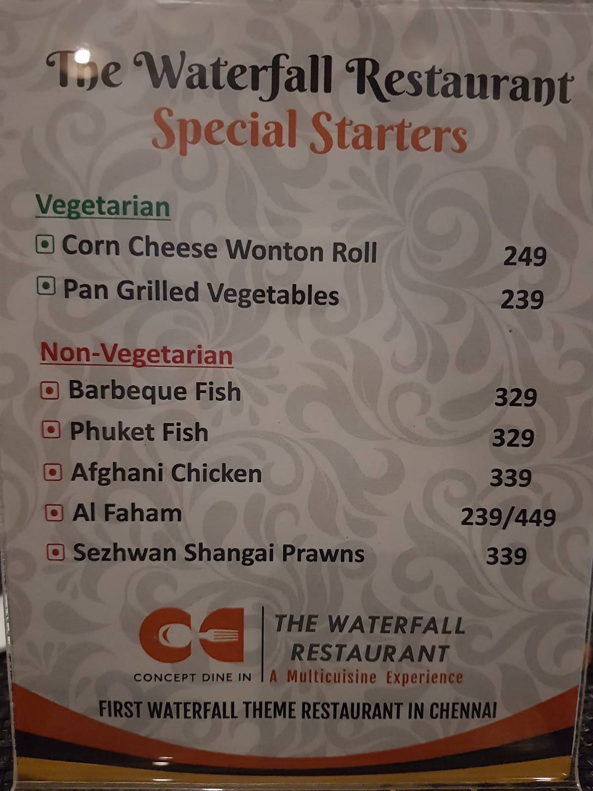 Menu at The Waterfall Restaurant, Chennai