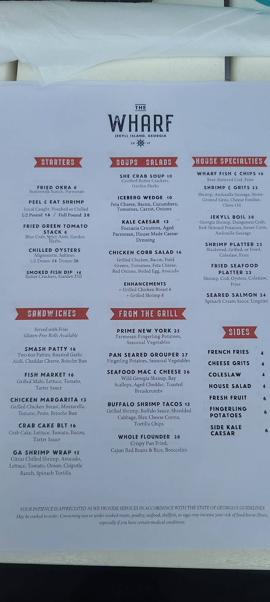 Menu at The Wharf restaurant, Jekyll Island