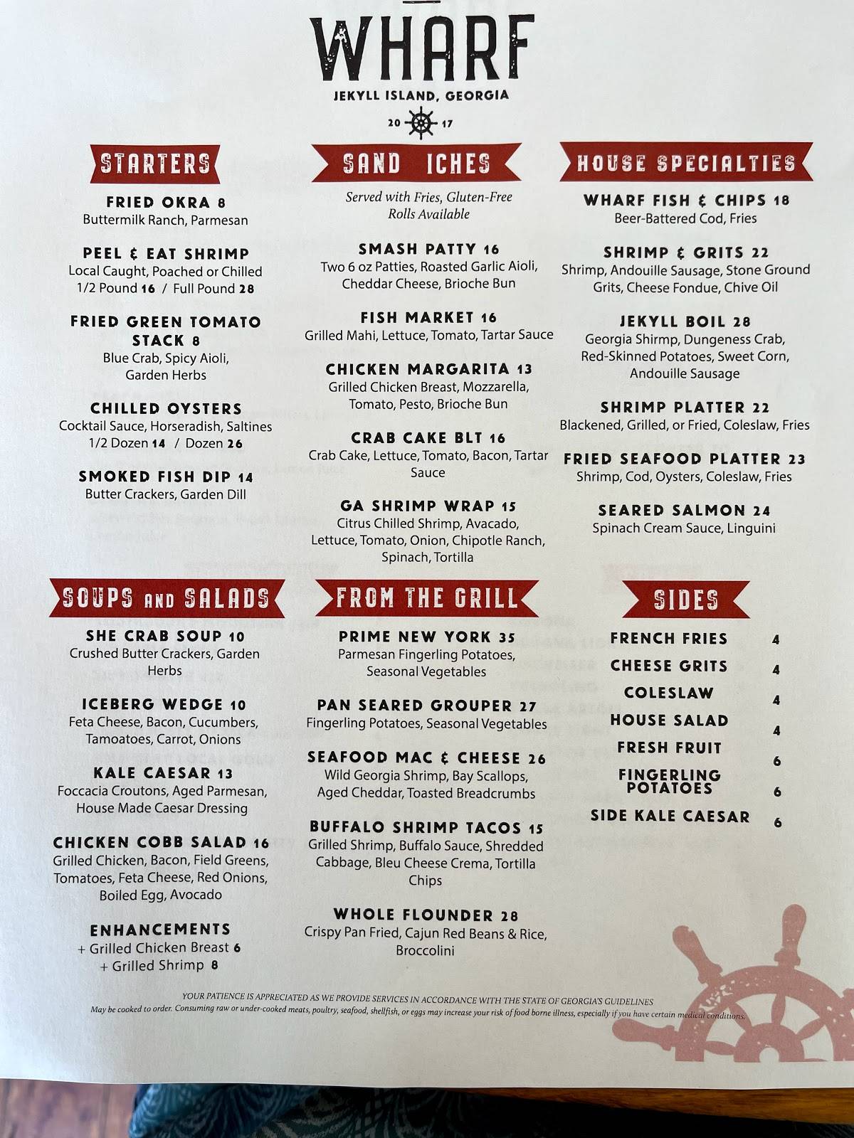 Menu at The Wharf restaurant, Jekyll Island
