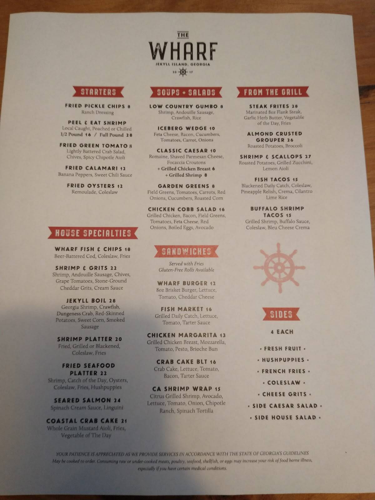 Menu at The Wharf restaurant, Jekyll Island