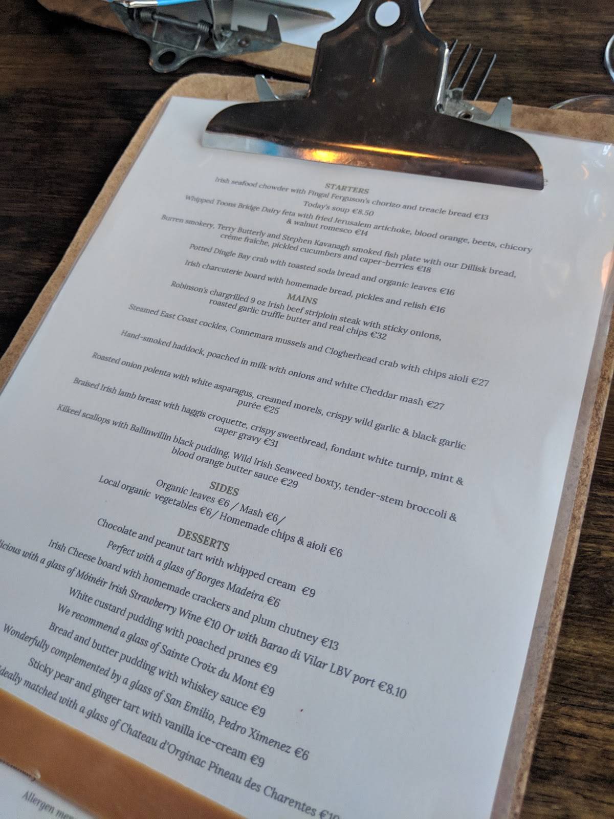 Menu at The Winding Stair restaurant, Dublin
