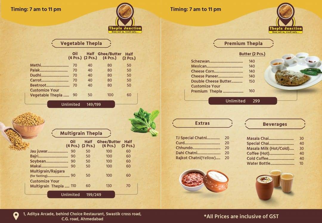 Menu at Thepla Junction, Ahmedabad, 1