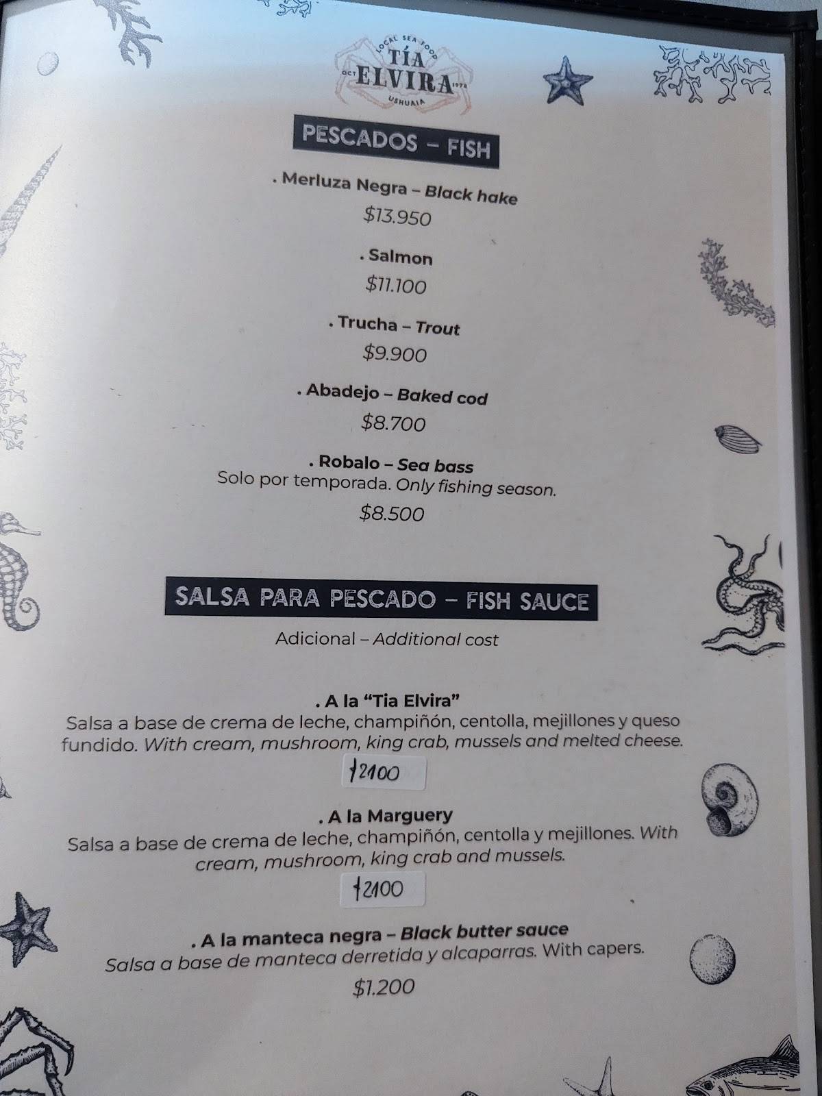 Carta del restaurante Tia Elvira, Ushuaia