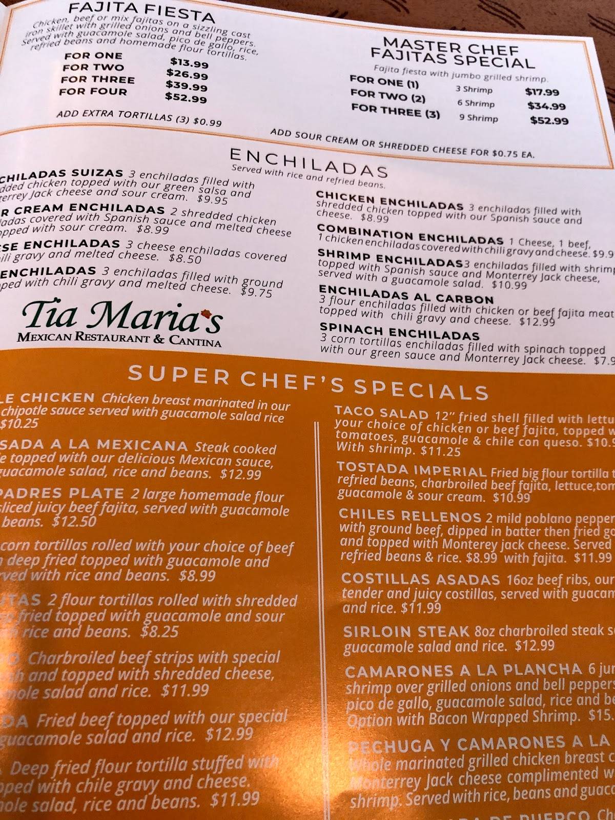 Menu at Tia Maria's restaurant, Houston, Dacoma St