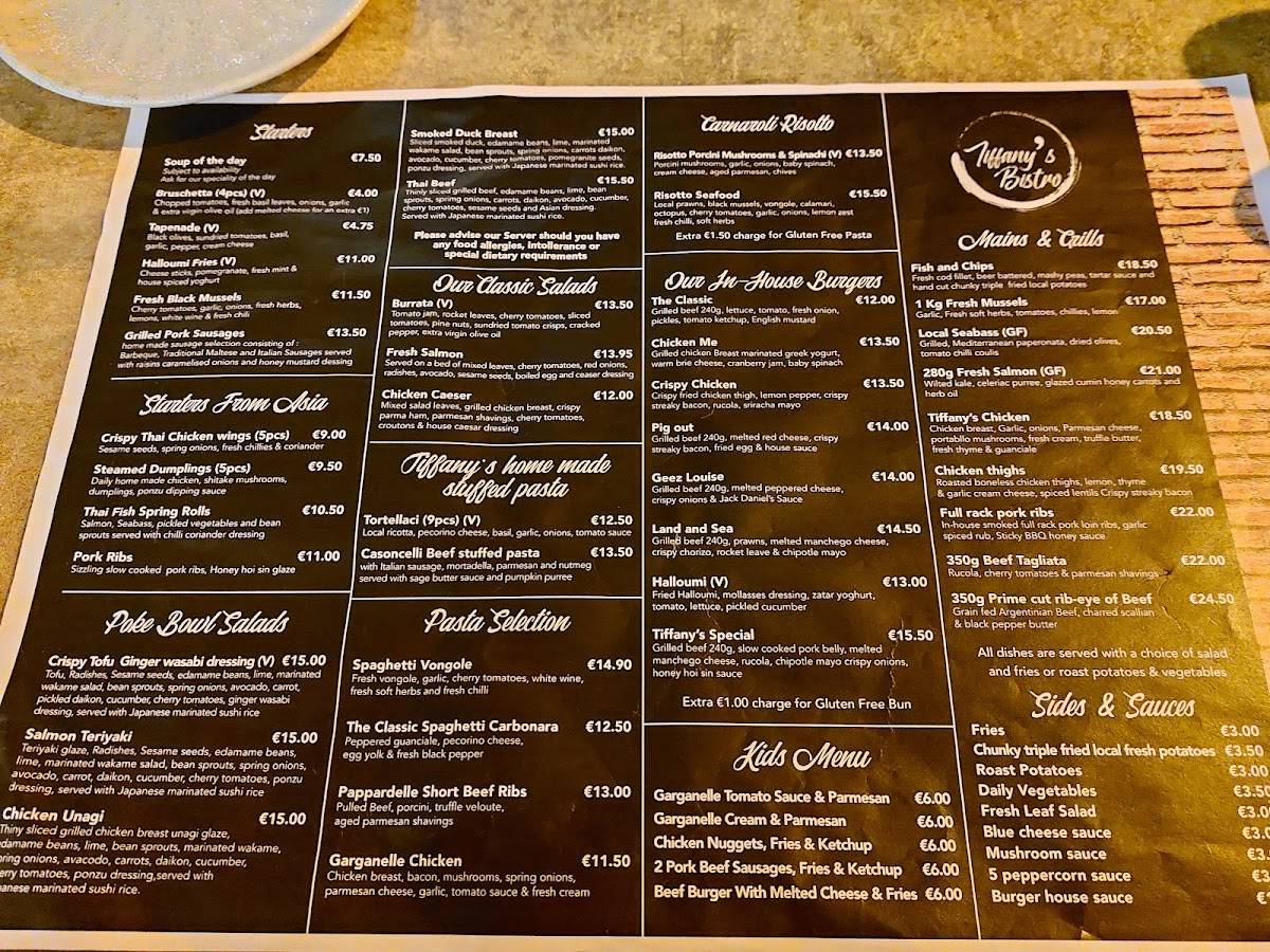 Menu at Tiffany's Bistro restaurant, Sliema
