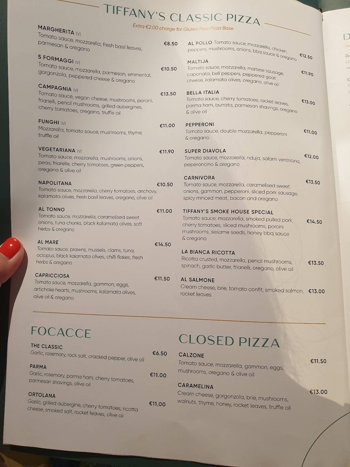Menu at Tiffany's Bistro restaurant, Sliema