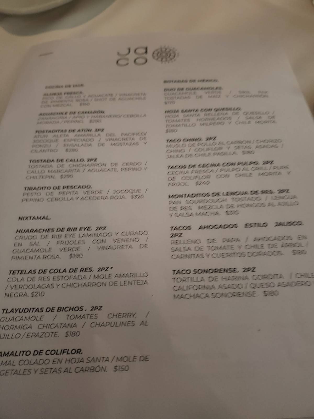 Carta del restaurante JACO, Tijuana