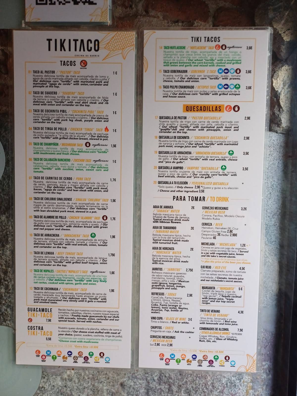 Menu at Tiki Taco San Bernardo restaurant, Madrid