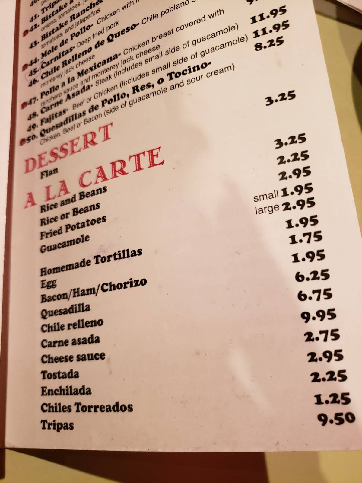 Menu at Tipico's restaurant, Dallas