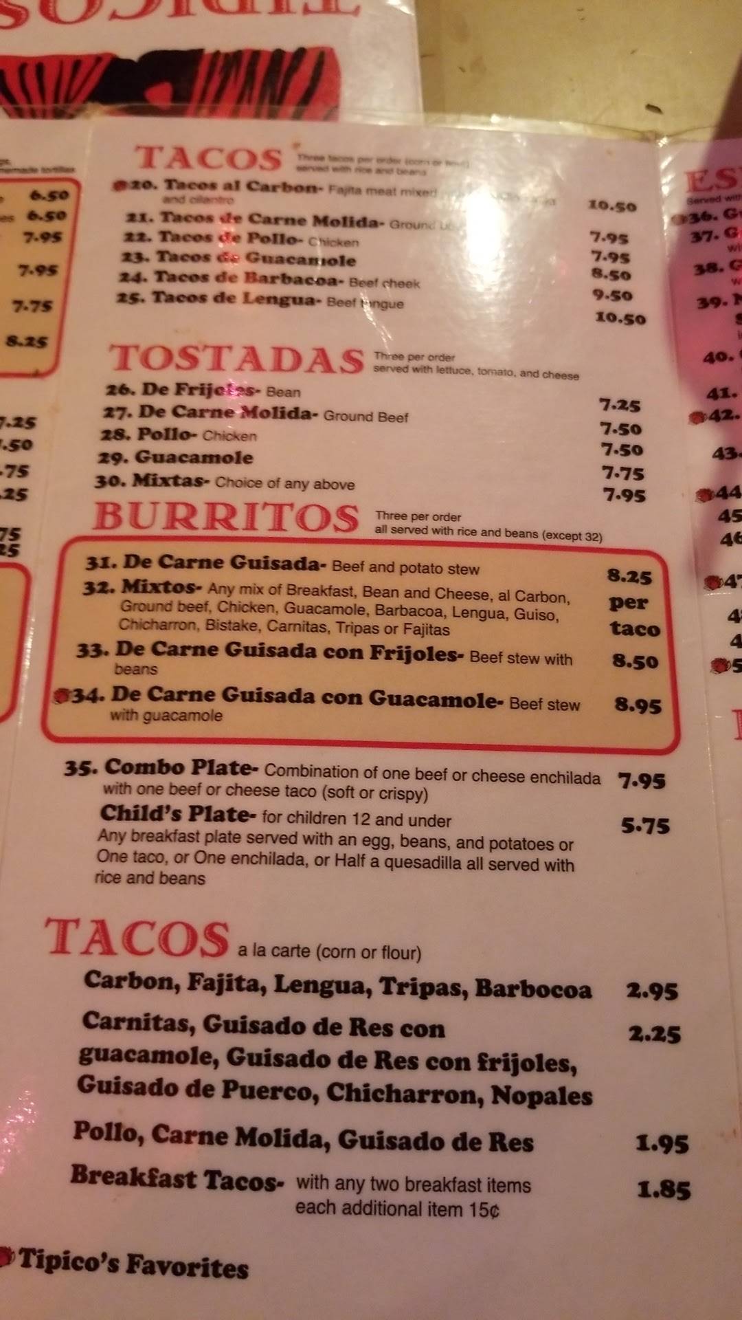 Menu at Tipico's restaurant, Dallas