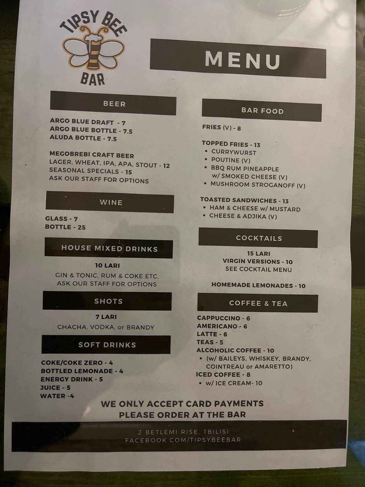 Speisekarte von Tipsy Bee Bar, Tiflis