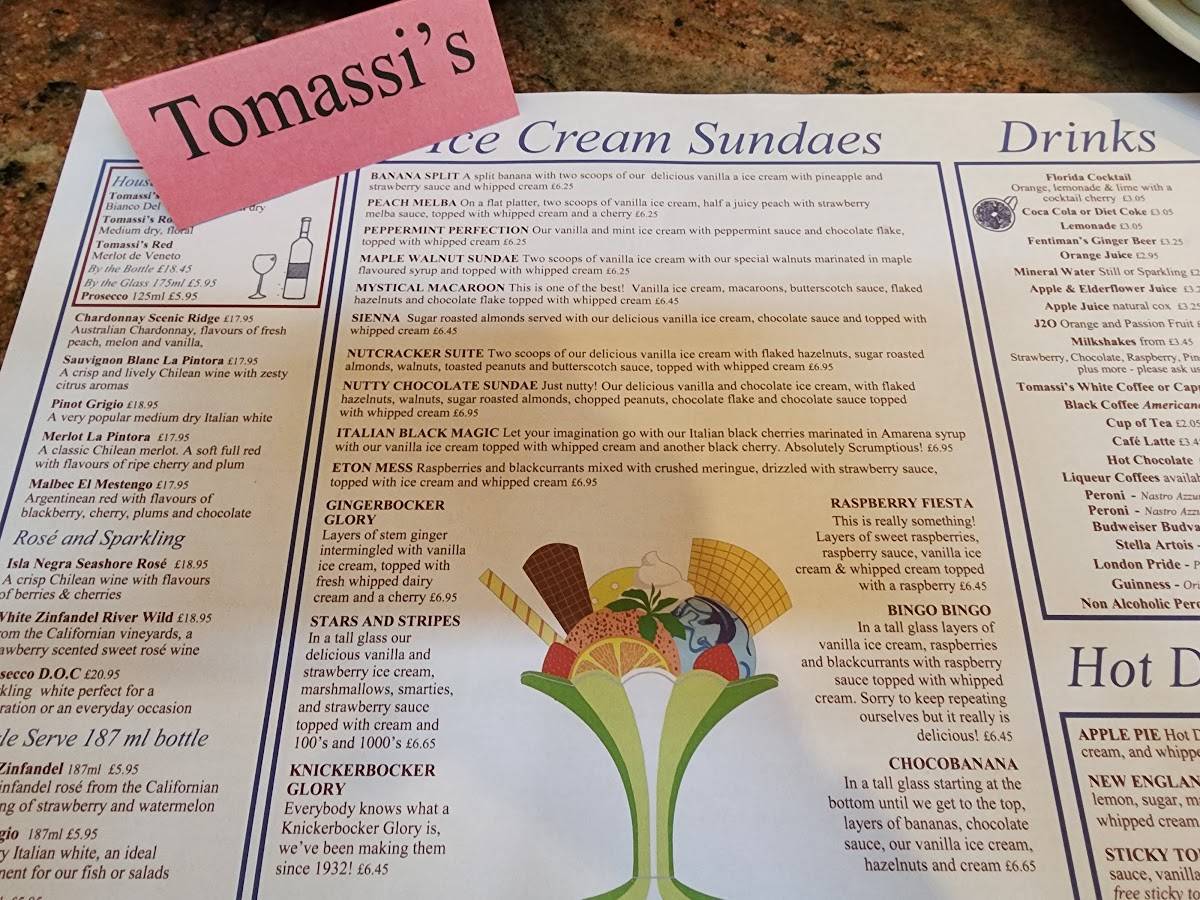 Menu at Tomassi's cafe, Southend-on-Sea