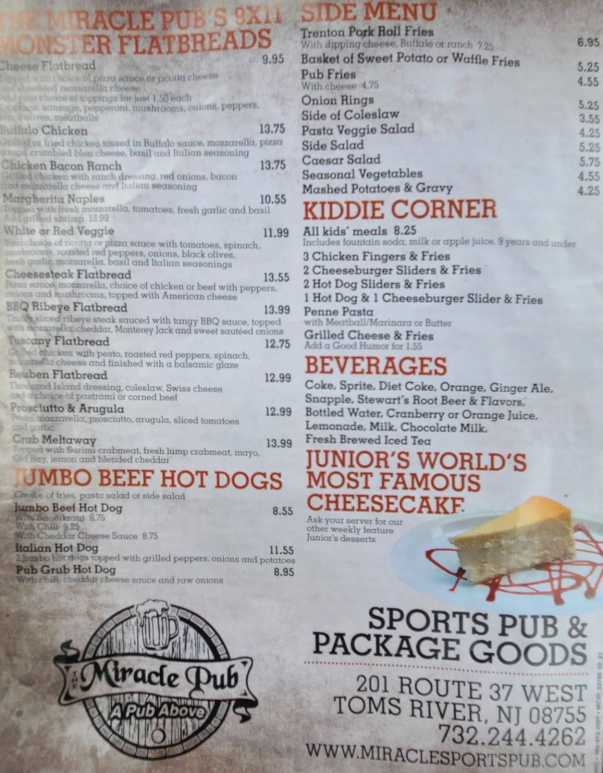 Menu at Miracle Pub, Toms River