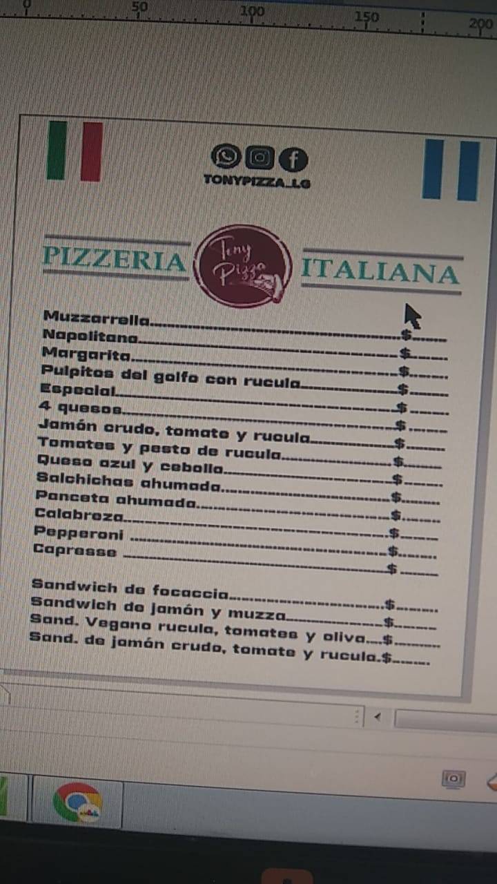 Carta del restaurante Toni pizza, Las Grutas