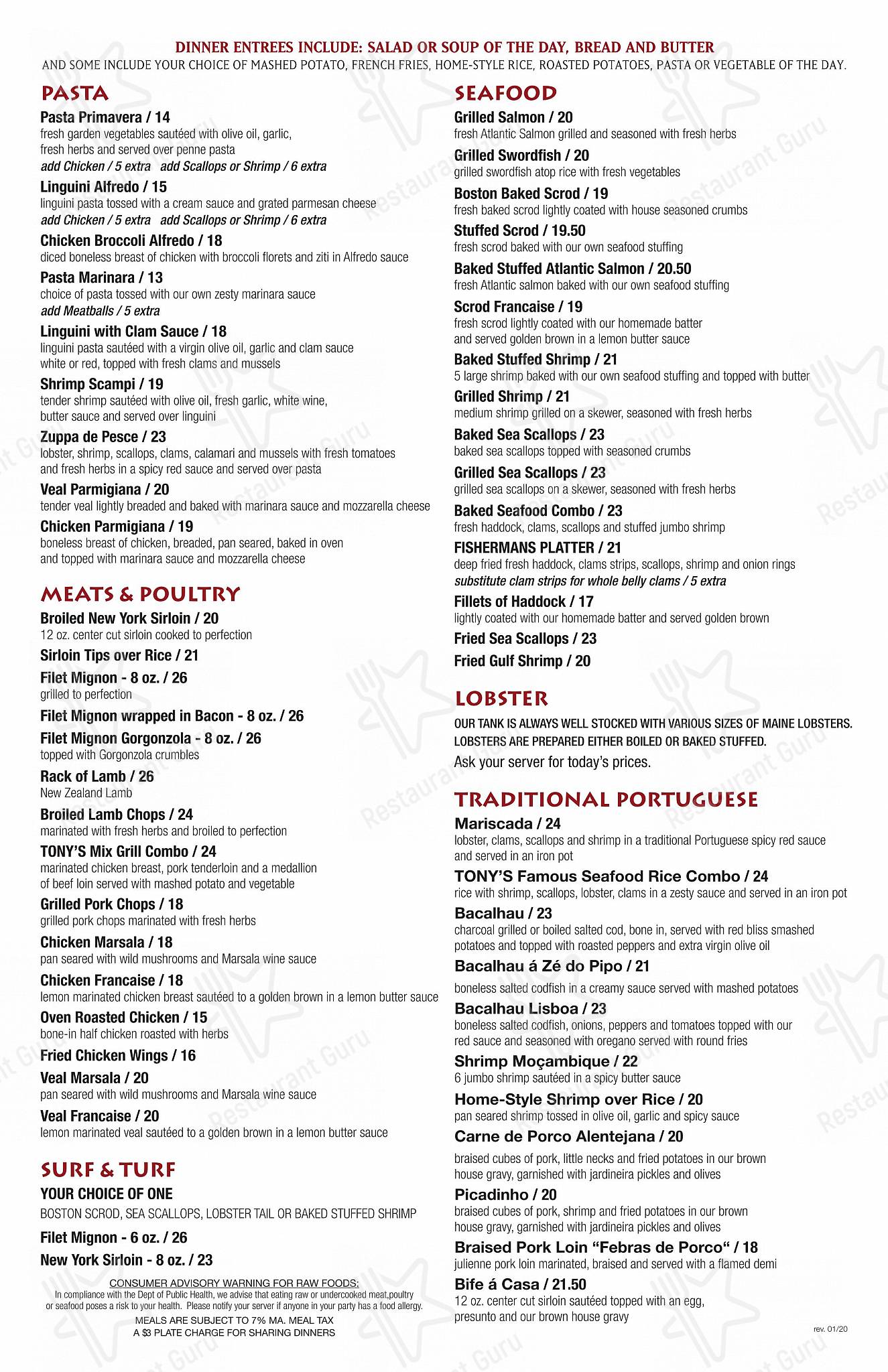 Menu at Tony & Penny's Restaurant, Ludlow