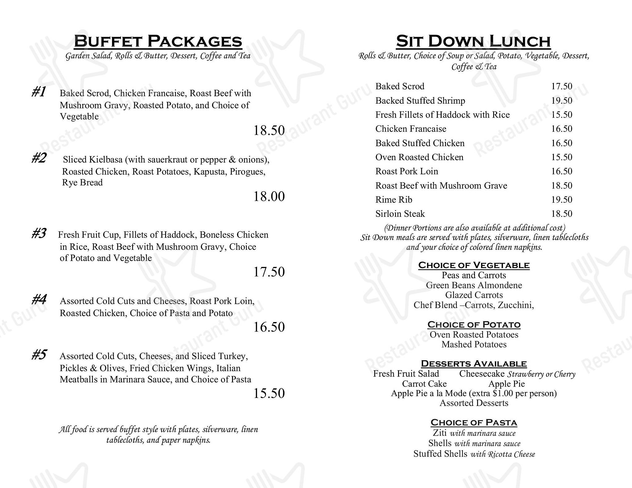 Menu at Tony & Penny's Restaurant, Ludlow