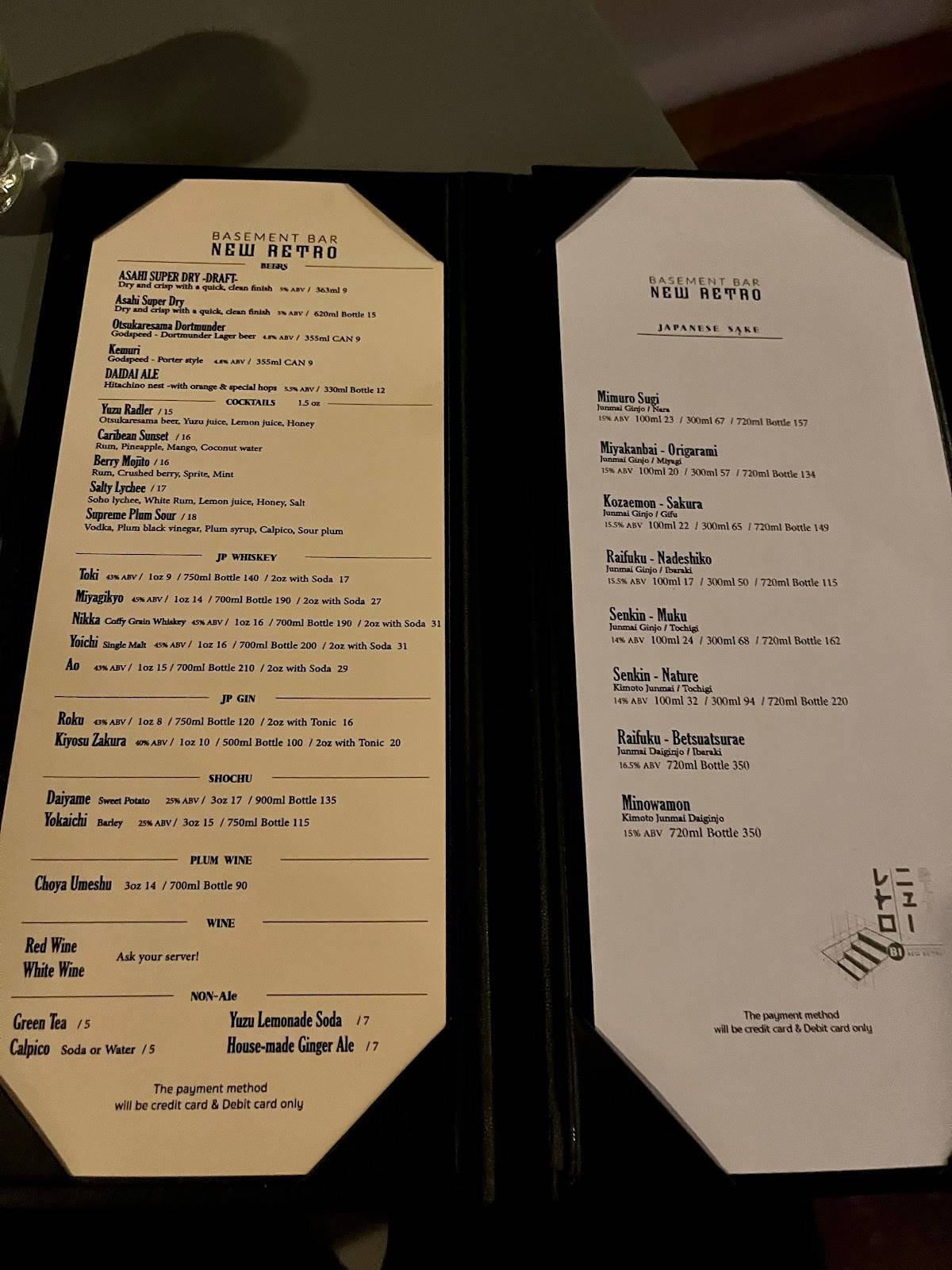 Menu at NEW RETRO - BASEMENT BAR, Toronto