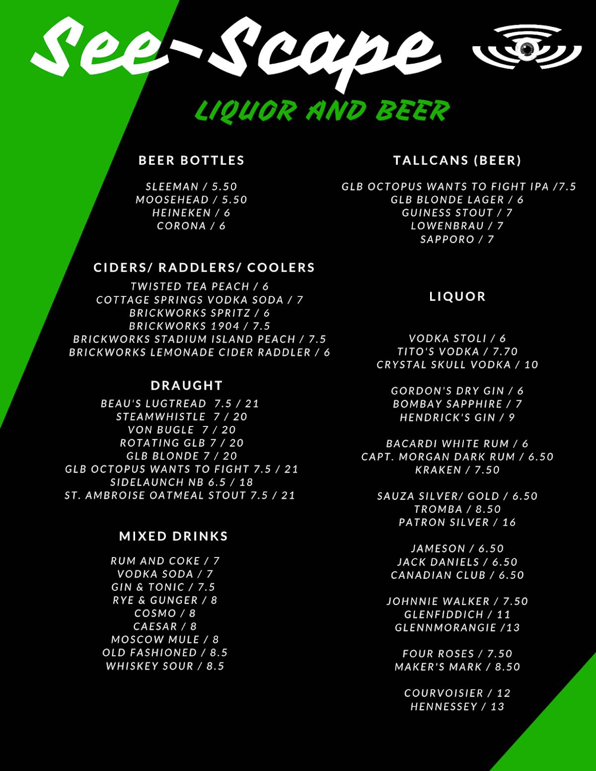 Menu at See-Scape pub & bar, Toronto