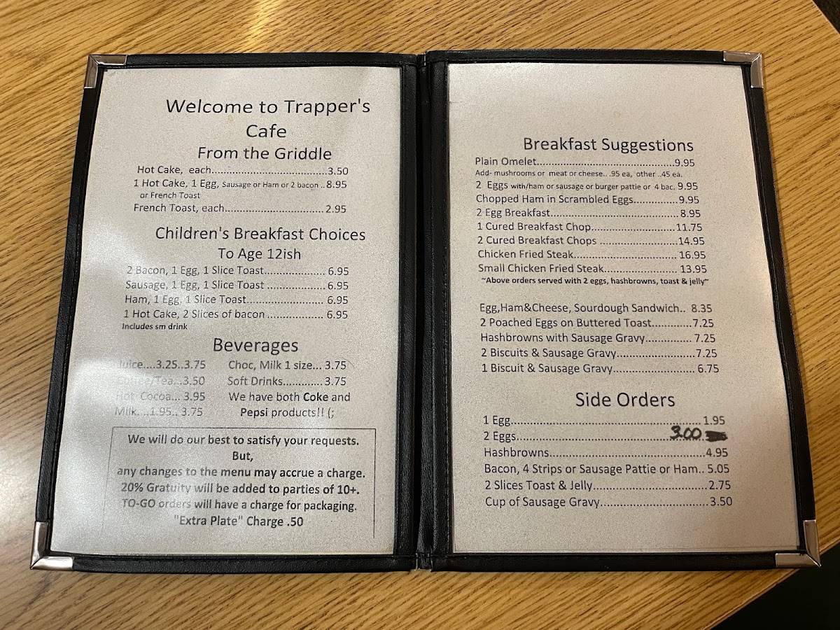 Menu at Trapper's Cafe, Taylor, 9 Main St