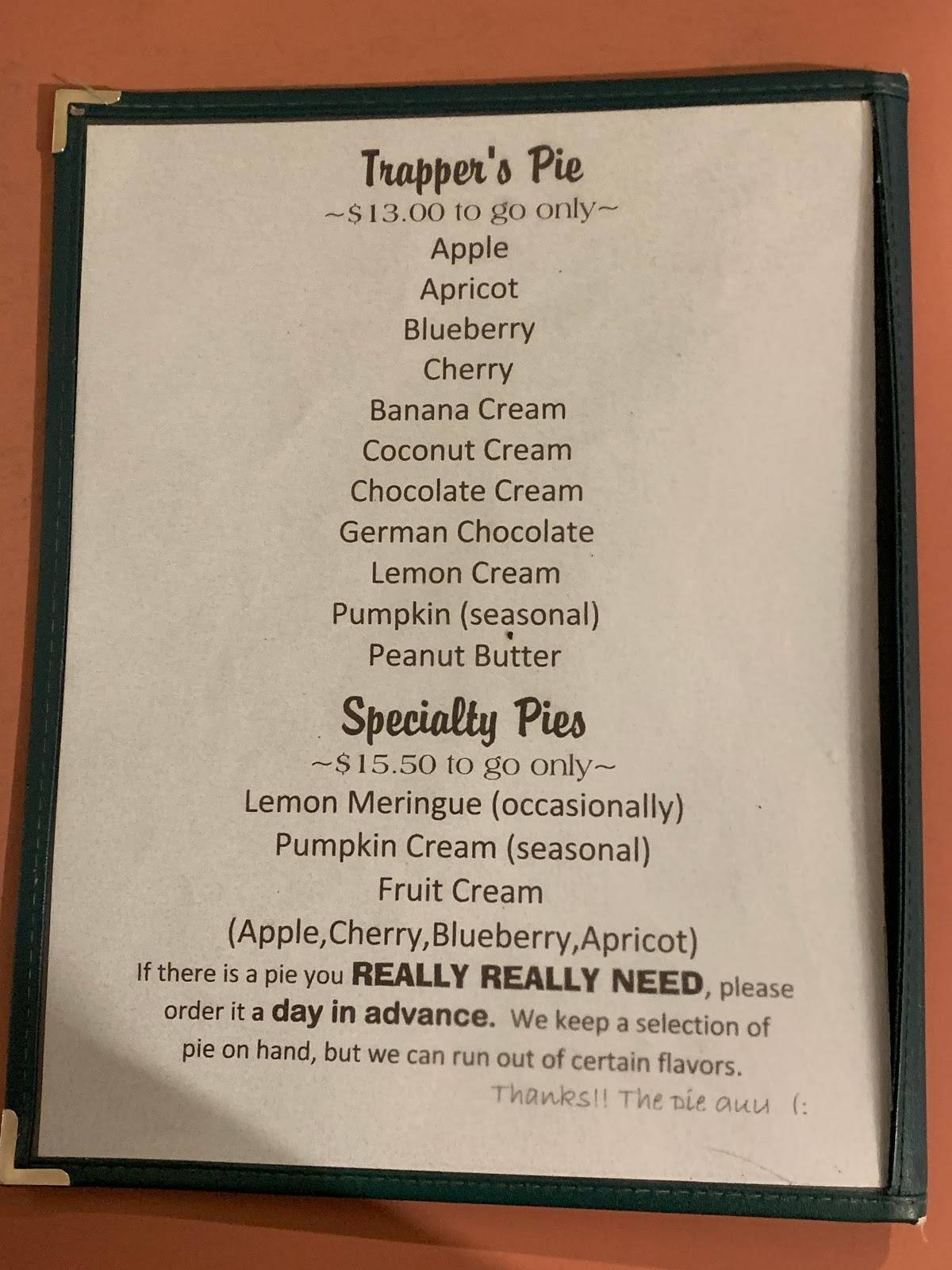 Menu at Trapper's Cafe, Taylor, 9 Main St