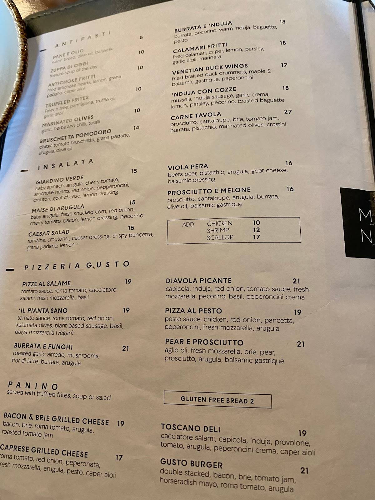 Menu at Trattoria Gusto restaurant, Port Hope