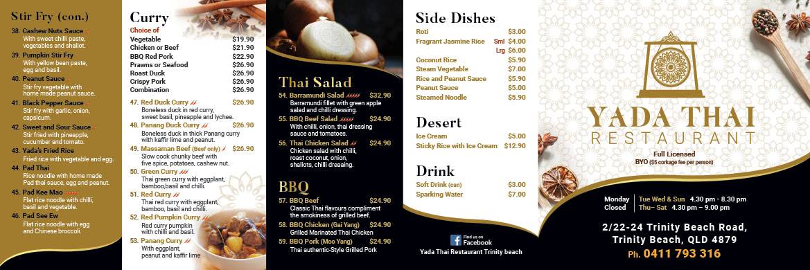 Menu at YADA Thai Restaurant Trinity Beach, Trinity Beach