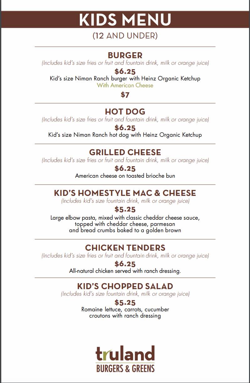 Menu at Truland Burgers & Greens Tucson pub & bar, Tucson