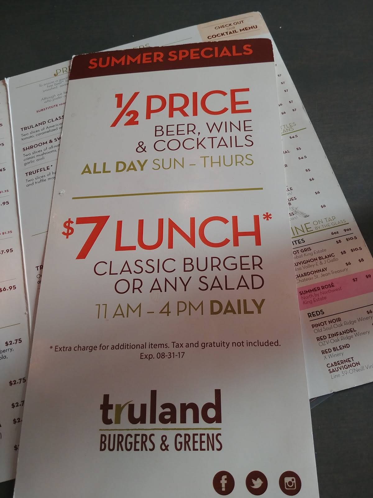 Menu at Truland Burgers & Greens Tucson pub & bar, Tucson