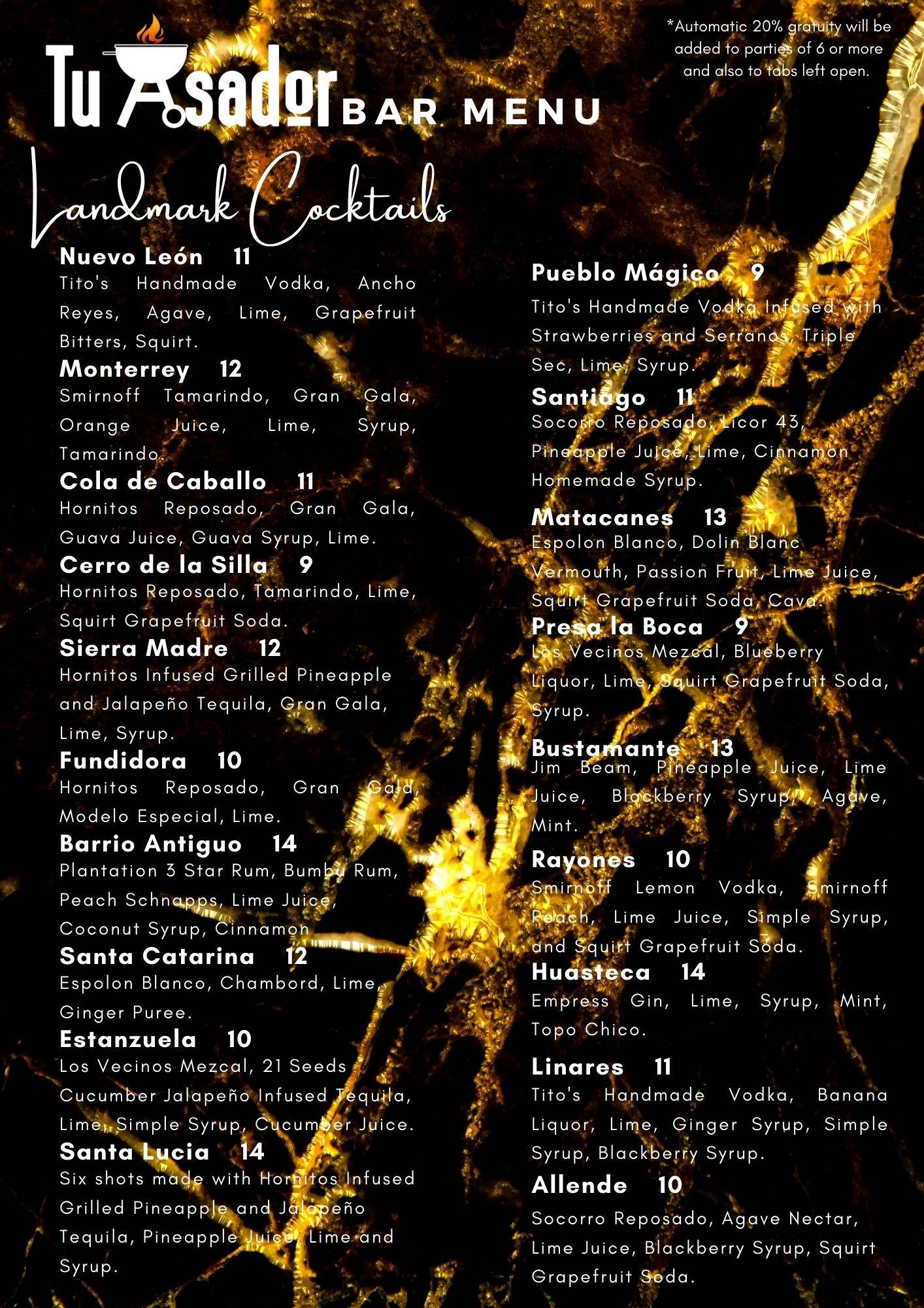 Menu at Tu Asador steakhouse, Castle Hills