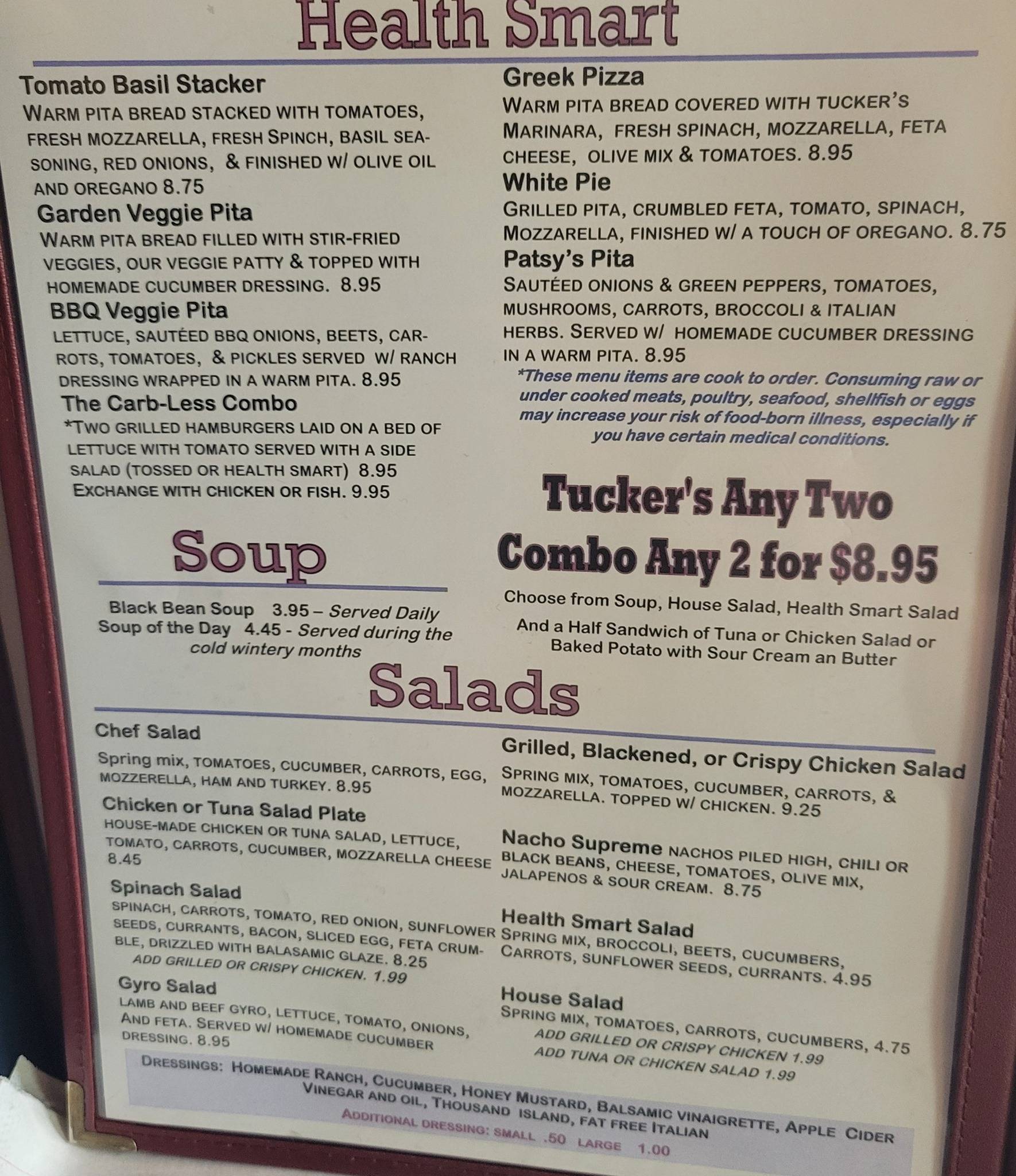 Menu at Tucker's Cafe, Boone