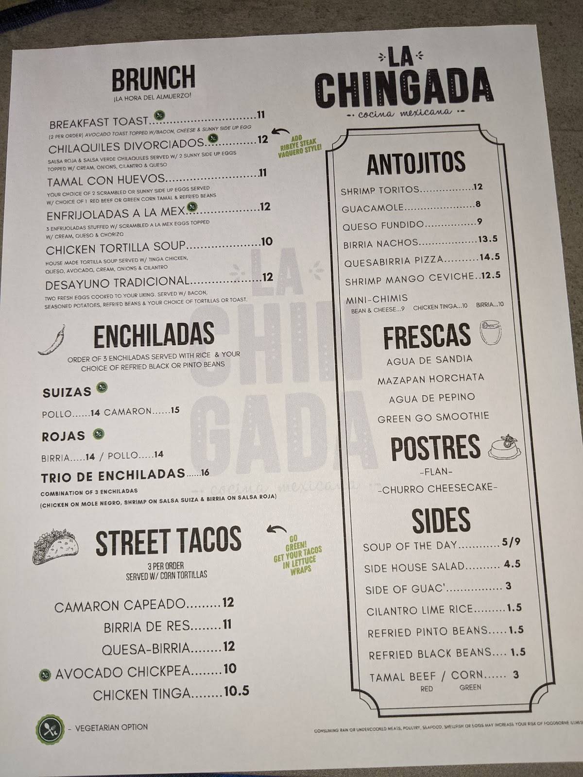 Menu at La Chingada Cocina Mexicana restaurant, Tucson