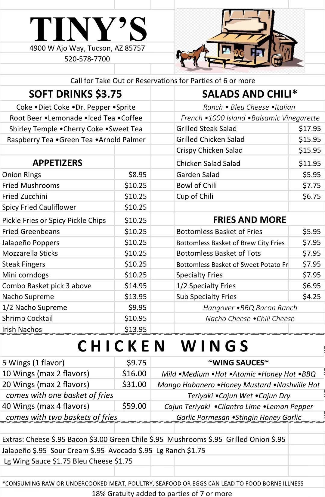 Menu at Tiny's Family Restaurant, Tucson