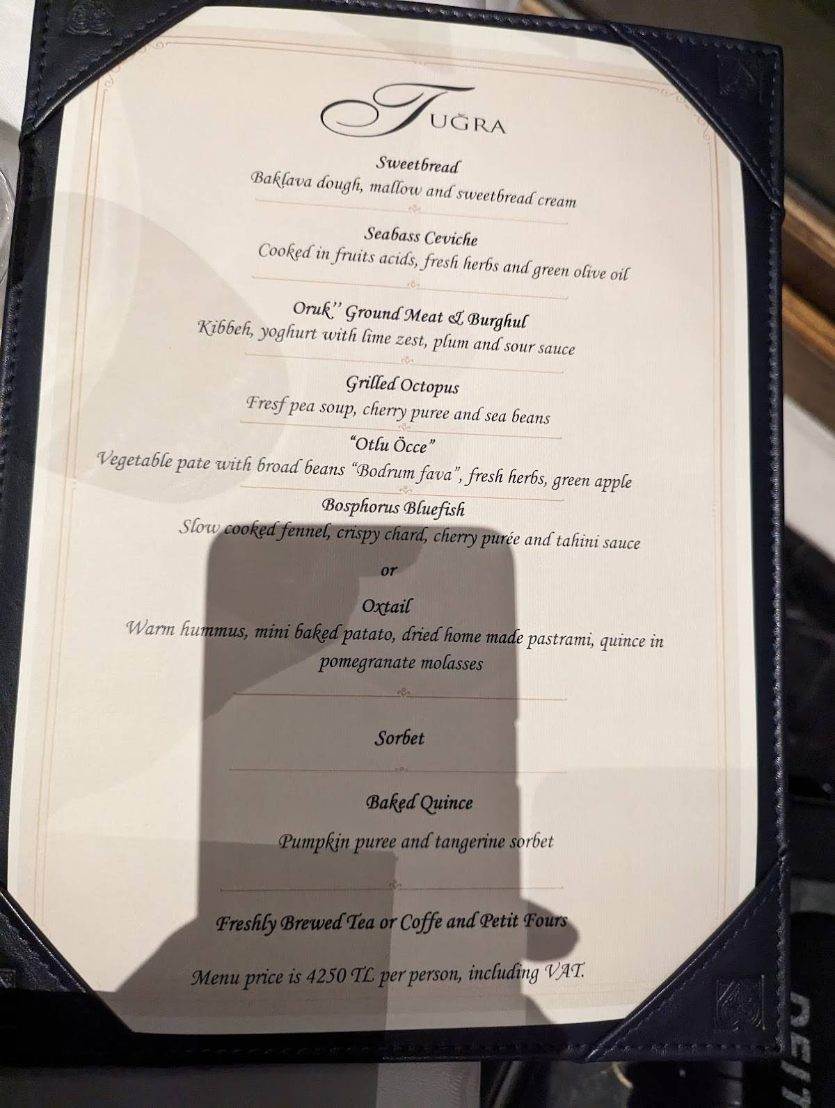 Menu at Tuğra Restaurant, Istanbul, Ciragan Palace Kempinski Hotel