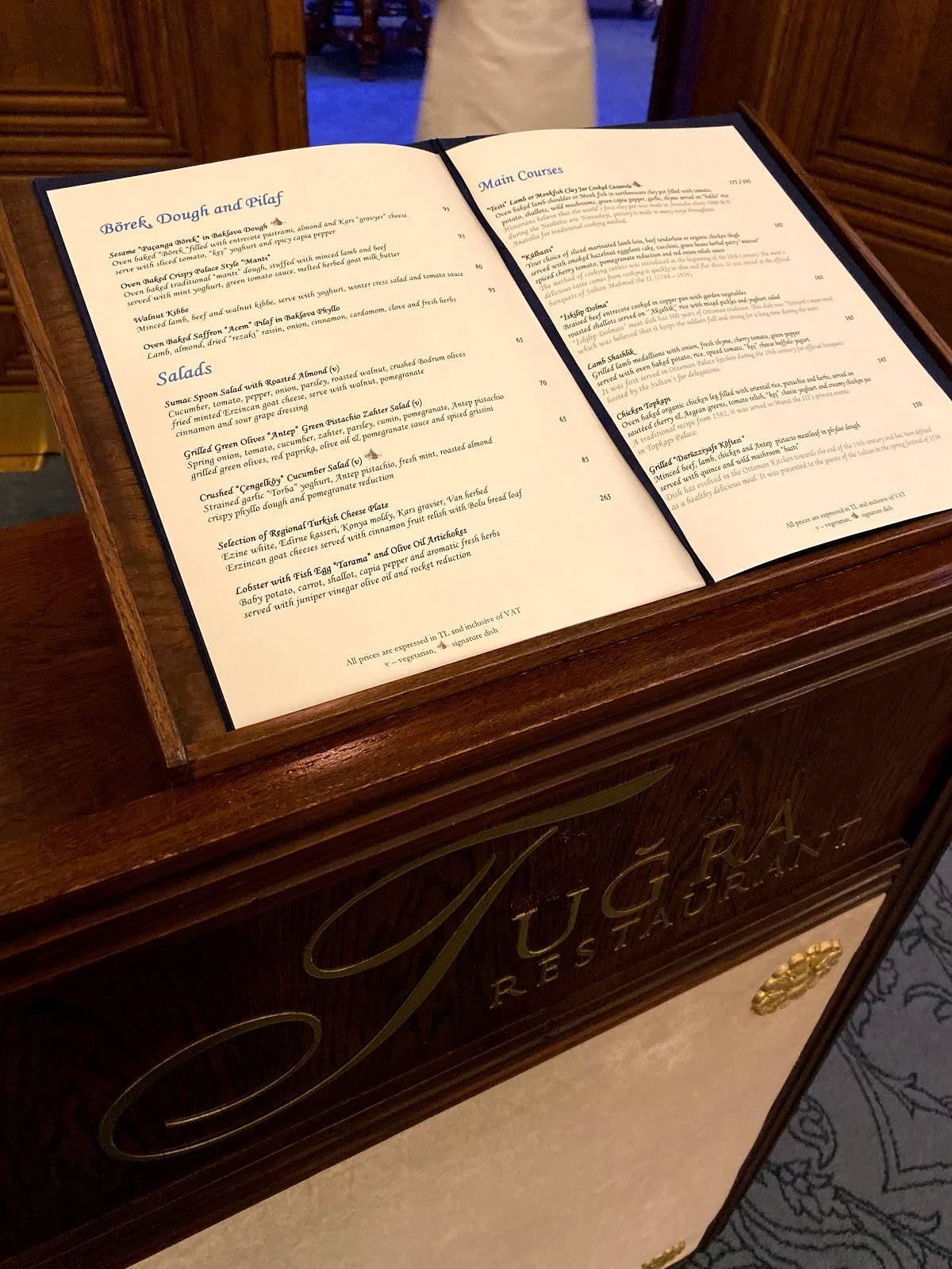 Menu at Tuğra Restaurant, Istanbul, Ciragan Palace Kempinski Hotel