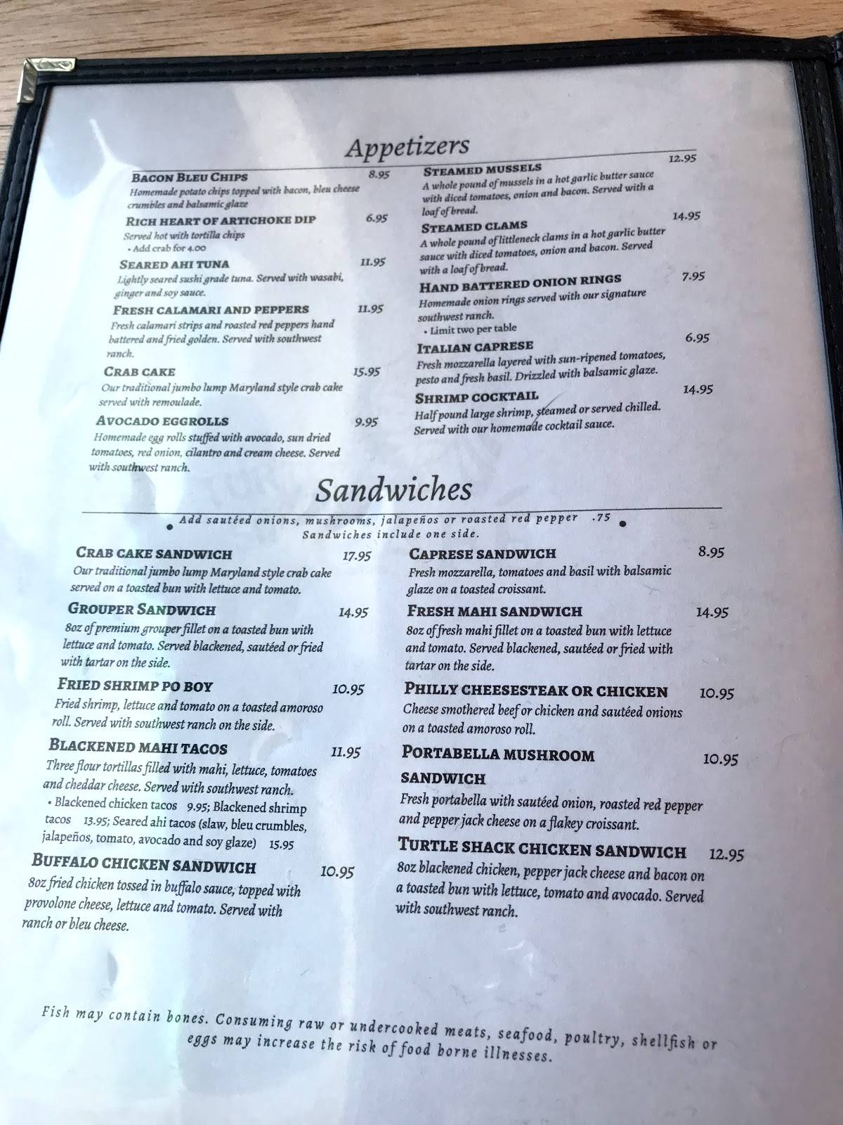 Menu at Turtle Shack Cafe, Flagler Beach