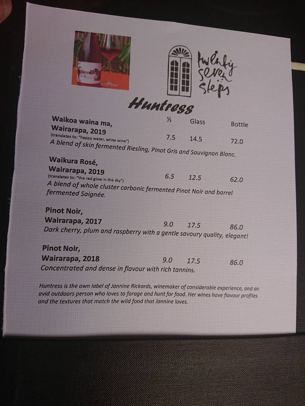 Menu at Twenty Seven Steps restaurant, Christchurch