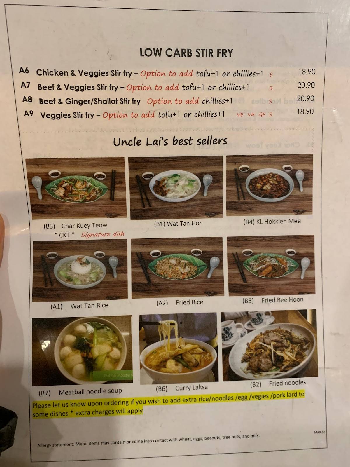 Menu at Uncle Lai's Malaysian Cuisine ( 賴記 ) restaurant, Greenslopes