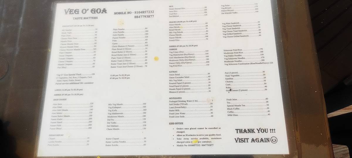 Menu at VEG O' GOA, Calangute